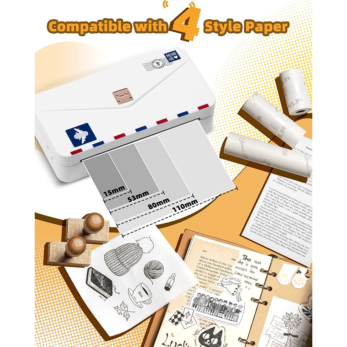 Memoqueen M04AS Mini Sticker Printer - Pocket Thermal Printer Wireless Portable Printer for iPhone with 3 Rolls 110mm Black on White Non-Adhesive Paper, Great for Memo, Notes, Photo, Journal