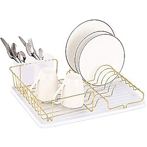 Buruis Dish Drying Rack, Gold Dish Drainer Organizer Includes Removable Drain Board and Utensil Holder, Large Capacity Metal Dish Racks for Kitchen (White)