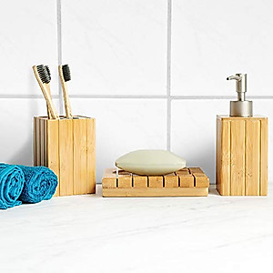 Navaris Bamboo Bathroom Accessories Set - 3-Piece Bath Set with Toothbrush Holder, Liquid Soap Dispenser, Soap Dish - Bath Accessory Trio 3 Pieces