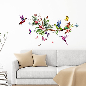 Hummingbirds Wall Decals Peel and Stick Birds Vinyl Wall Stickers Butterfly Flowers Colorful Wall Stickers Hummingbird on The Tree Branch Flower Decals Garden Living Room Bedroom TV Wall Decorations