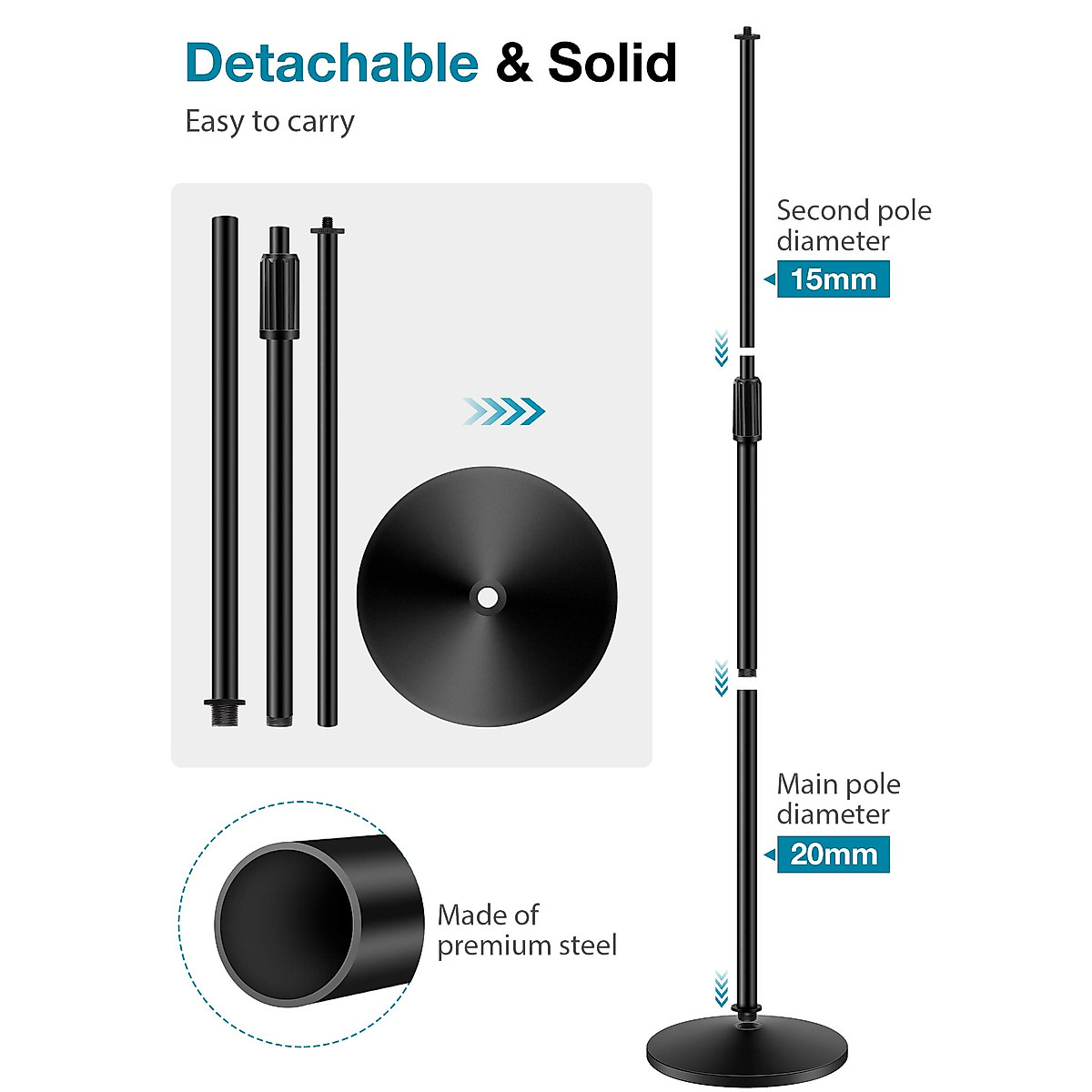 InnoGear Mic Stand, Microphone Stand Floor Detachable Boom Mic Arm Stands with Weighted Round Base, Height Adjustable from 34" to 60" for Blue Yeti HyperX QuadCast Shure SM58 Samson Q2U Fifine K669B