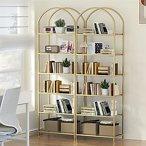 Homhedy 6-Tier Bookshelf Arched Display Racks, Metal Bookcase, Tempered Glass Shelves, Storage Rack Shelf for Home Office, Living Room, Bedroom, Bathroom, Modern Style, Golden