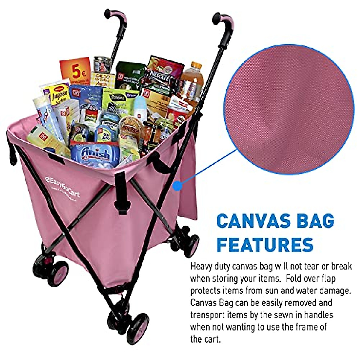 EasyGo Rolling Cart Folding Grocery Shopping Cart Laundry Bag with Wheels, Removable Canvas, 120lb Capacity, Basic Pink