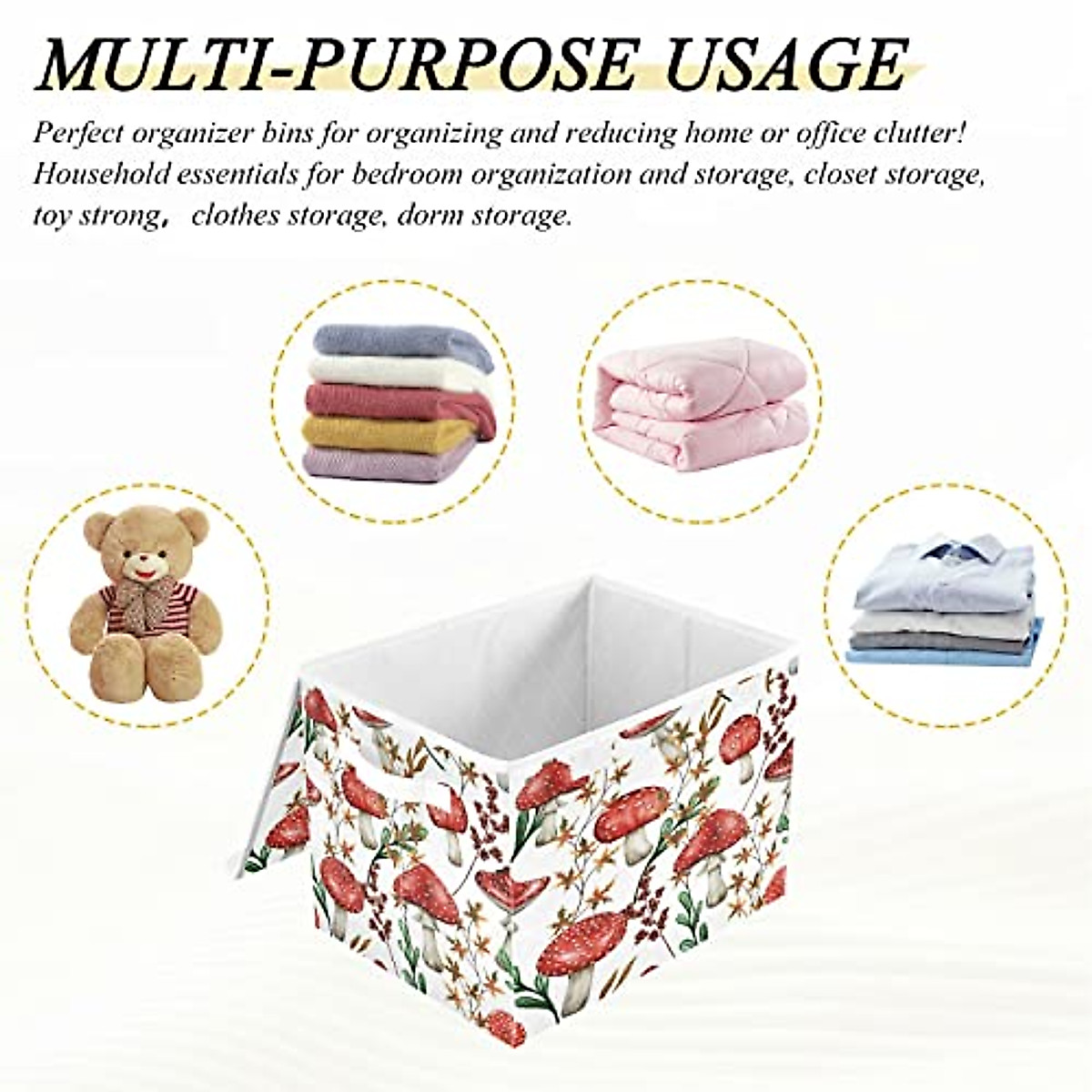 Mushroom Leaves Storage Basket 16.5x12.6x11.8 In Collapsible Fabric Storage Cubes Organizer Large Storage Bin with Lids and Handles for Shelves Bedroom Closet Office