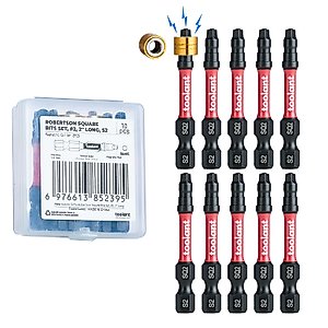 toolant Square Bit Set, Impact S2 Steel Square Drill bit with Magnetic CNC Machined Tips, 1/4" Hex-Shank, 2" Long with Storage Box, 10pcs Robertson Driver Bits SQ2#2