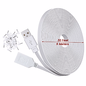 2-Pack 30ft Power Extension Cable Compatible with Wyze Cam v4,Wyze Cam Pan v3,Wyze OG,Wyze Cam v3 and v3 Pro Security Cameras - 9m Long Flat USB Male to Female Charging Cord, White