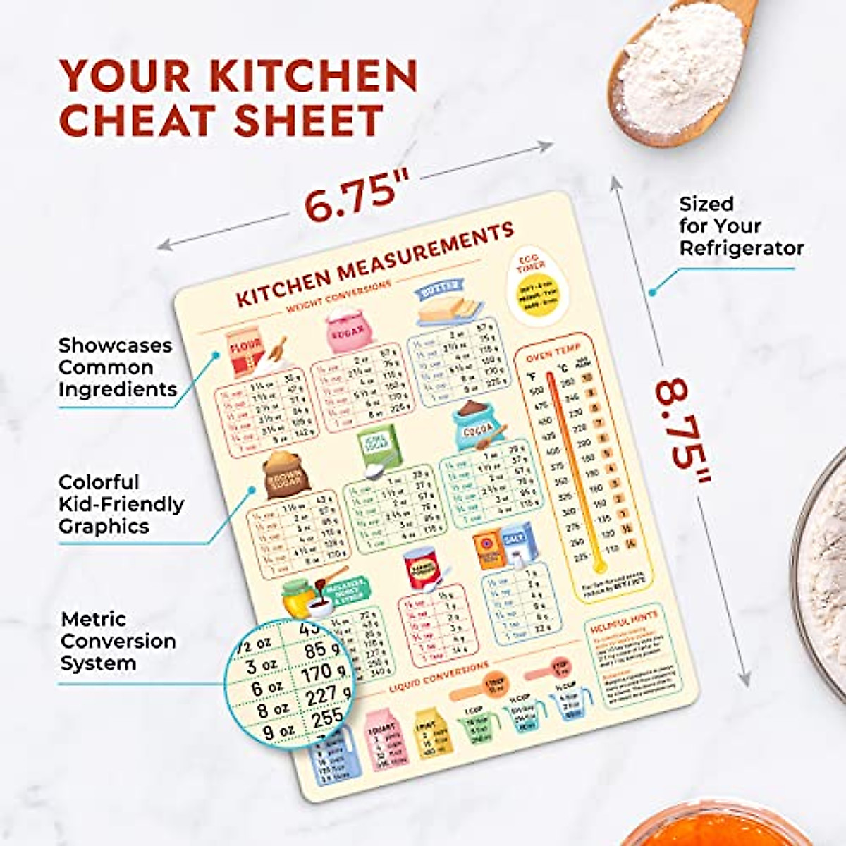 Kitchen Conversion Chart Magnet for Easier Cooking & Baking - Accurate Baking Conversion Chart - Metric System Conversion Chart for Cooking - Cooking Temperature Chart for Professional & Home Chefs