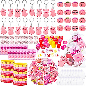 Seajan 162 Pcs Pig Birthday Party Favors for 16 Kids Include Keychain Ring Bracelet Stamp Erasers Sticker Tags Organza Bag for Pig Theme Birthday Baby Shower Party Decor