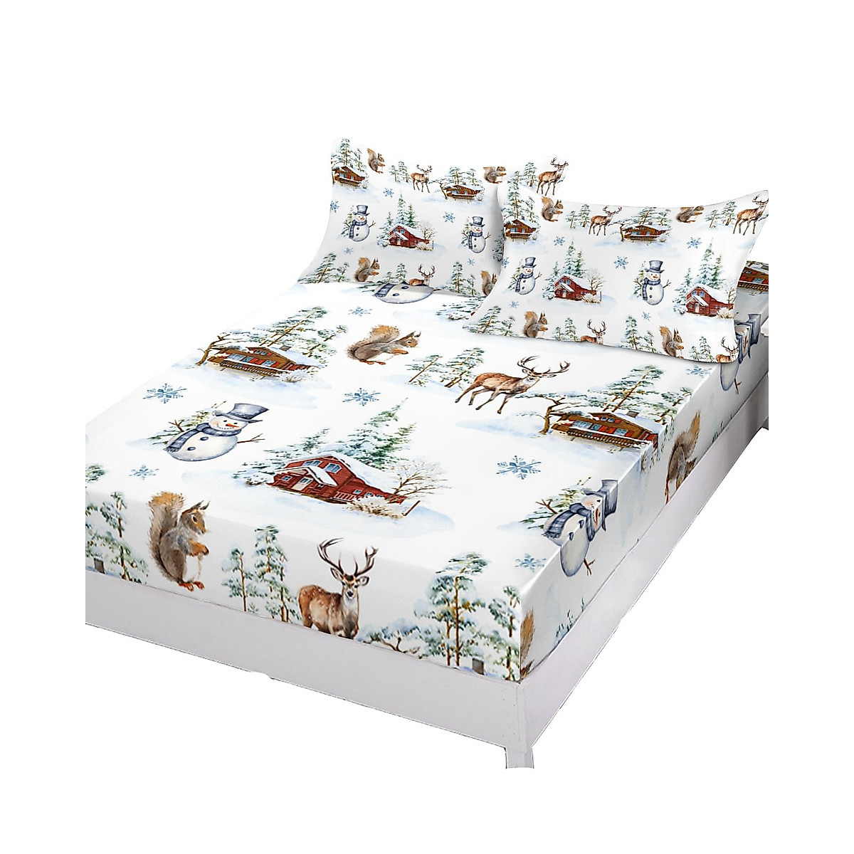 Rusic Christmas Fitted Sheets Elastic Deep Pocket 3 Pieces Bedding Set Full Size,Farmhouse Snowman Wooden Barn Reindeer Soft Brushed Bed Sheets,Winter Snow Scene Bottom Sheet