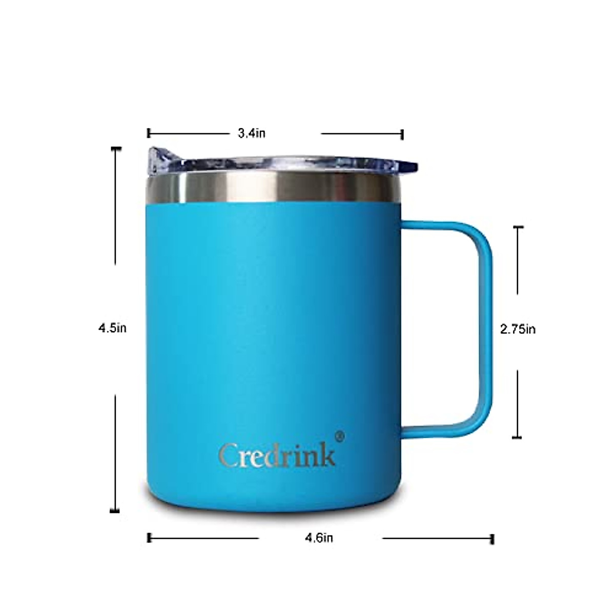 Credrink 15 oz Insulated Coffee Mug，Handle cup with sliding lid,，Stainless Steel Aqua Bottle，Double Wall Vacuum Insulated Trave Mug, Keep Warm for 6 Hours, Refrigerate for 12 Hours(blue Coffee Mug)