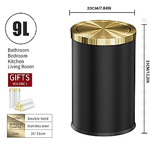 LEASYLIFE 9L/2.4GAL Black and Gold Trash Can for Bathroom,Small Trash Can with Flipping Lid,Garbage cans for Bathroom, Hotel,Office,Lundry,Powder Room, Metallic Gold (ＢＬＡＣＫ)