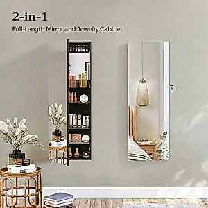 SONGMICS Jewelry Cabinet Armoire with Mirror, Wall or Door Mount Storage Organizer with Full-Length Frameless Mirror, Lockable Cabinet with Built-in Small Mirror, Shelves, Gift Idea, Brown UJJC003K01