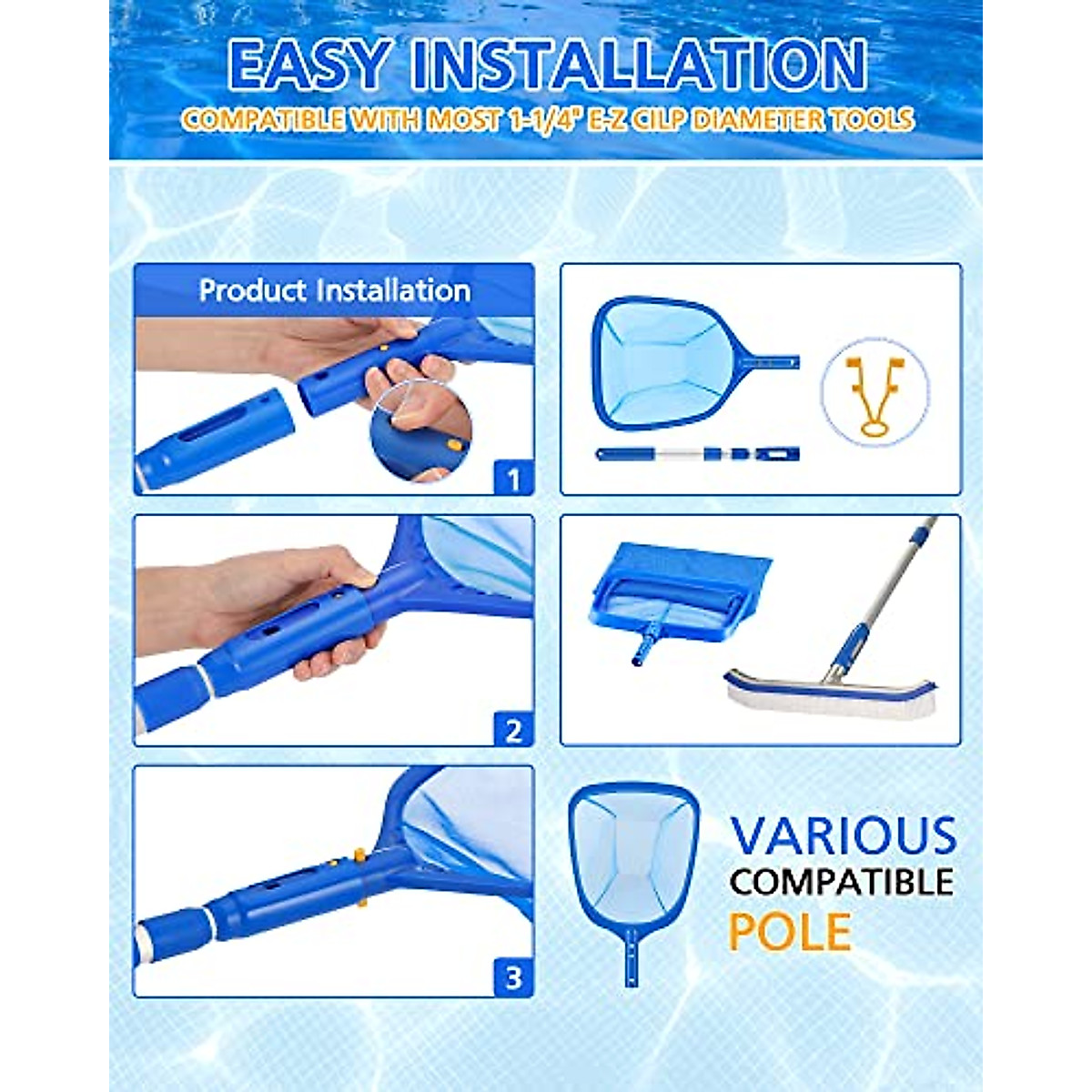 Mowend Pool Net, Pool Skimmer Net with 17.28-34.8" Telescopic Pole, 3 Section Pole, Pool Net for Cleaning, Including EZ-Clip, Pool Skimmer for Hot Tub, Spas, Pond and Inflatable Hot Tub