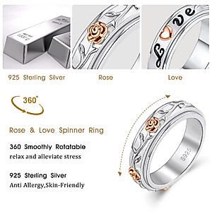 BELLNA Fidget Ring 925 Sterling Silver Anxiety Relieve Spinner Rings Rose Flower Sunflower Band Ring ADHD Autism Stress Relieving for Women Men (Rose & Love, 5.5)