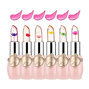 Eakroo Flower Lip Gloss Crystal Jelly Lipstick, 6 Packs Long Lasting Nutritious Lip Balm Lips Moisturizer Magic Temperature Color Change Lipgloss (pink)