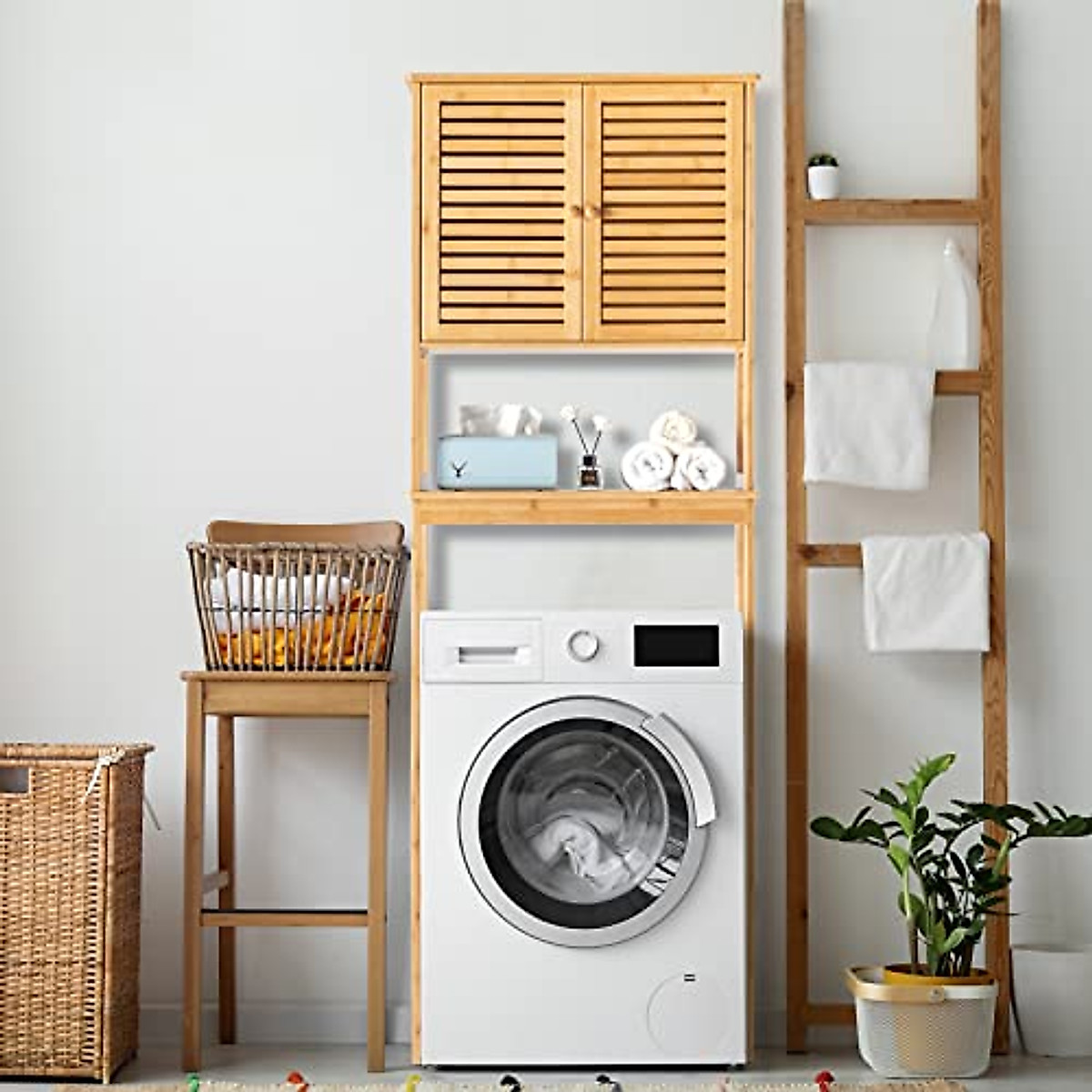 Over The Toilet Storage Cabinet, Bamboo Over Toilet Shelf Organizer with Adjustable Shelf, 2-Door with Cupboard, Bathroom Cabinet with Open Shelf Freestanding Tall Space Saver Toilet Rack, Burlywood