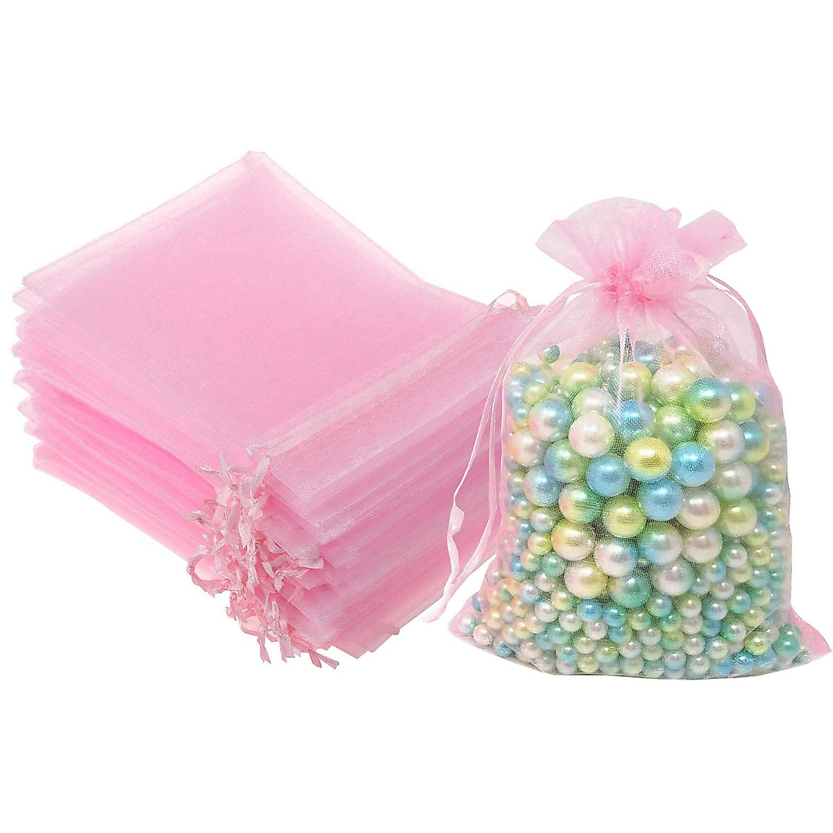 100 Pcs 5x7 inches Gift Wrap Bags Pink, Organza Sheer See Through Fabric, Drawstring Satin Ribbon Pouches for Baby Shower Favor, Party Wedding Favors Decoration, Card Deck, Jewelery, Boys Holiday Gift