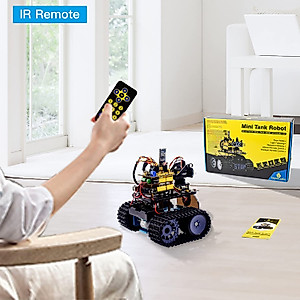 KEYESTUDIO Mini Tank Robot V2 Smart Car Kit for Arduino, IR Infrared and App Remote Control (iOS and Android), Light and Ultrasonic Follow, 8X16 LED Panel, Ultrasonic Obstacle Avoidance