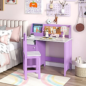 Costzon Kids Desk and Chair Set, Wooden Children Study Table with Storage, Hutch, Cork Bulletin Board, Whiteboard & Marker, Student Computer Workstation Writing Desk for Kids Bedroom, School, Purple