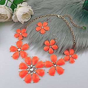 Firstmeet Shiny Flower Statement Collar Necklace with Earrings(XL-1104-Orange A)