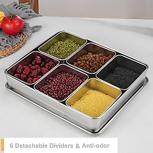 Aulin 304 Stainless Steel Divided Serving Tray with Lid - Charcuterie Snack Box Container with 6 Removable Compartments, Food Storage, Snack Platters Organizer for Candy, Chips, Nuts, Condiments