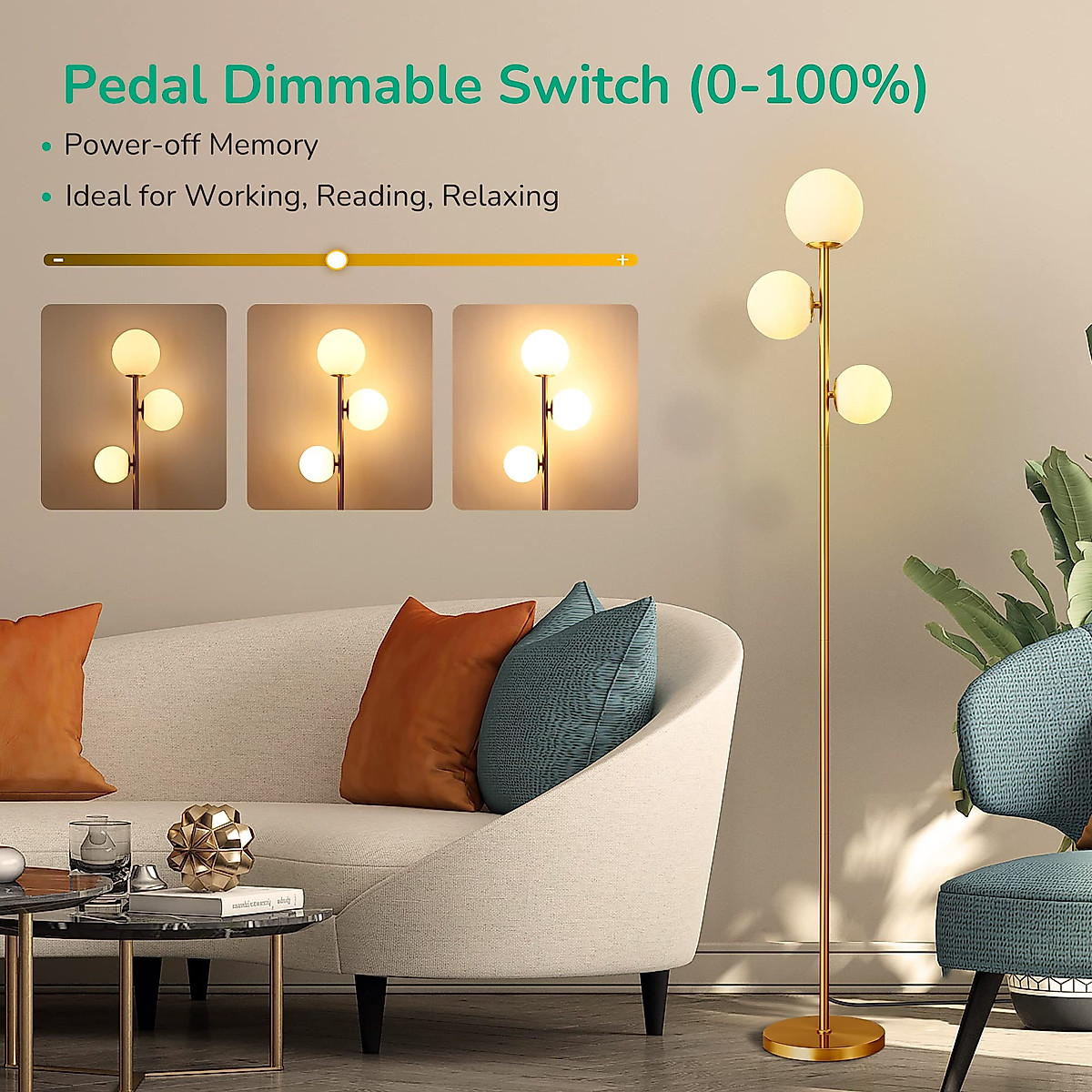 EDISHINE 69in Gold Modern Floor Lamp for Living Room, Upgraded Dimmable 3 Globe Mid Century Standing Lamps, Built-in LED, Frosted Glass Shade, Luna Tall Pole Lamp for Bedroom, Hotel -Antique Brass