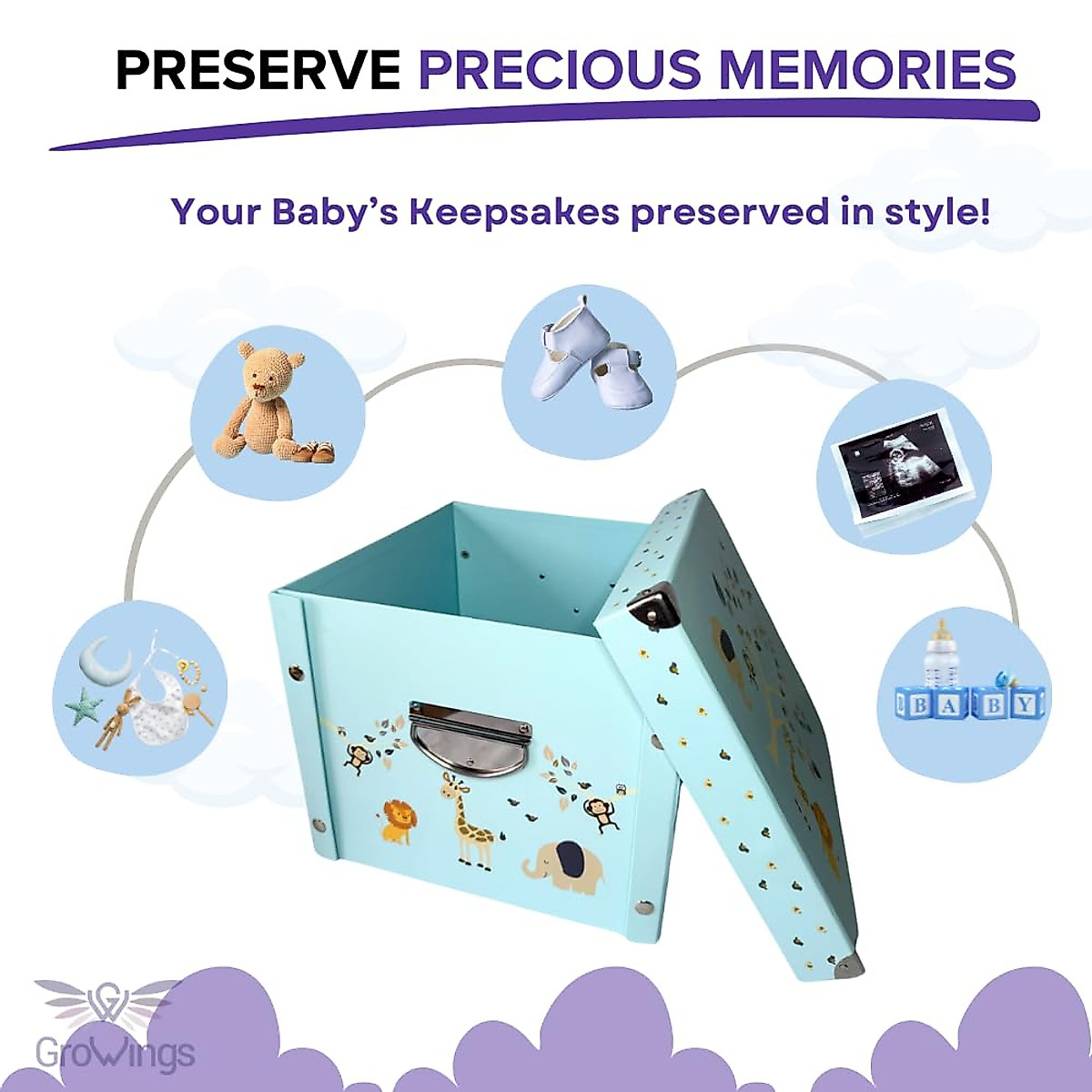 GroWings | Baby Keepsake Box, Baby Memory Box | Large Blue Keepsake Gifts Box for Newborn Baby Boy or Baby Girl | Strong, Durable & Collapsible Memory Storage Box
