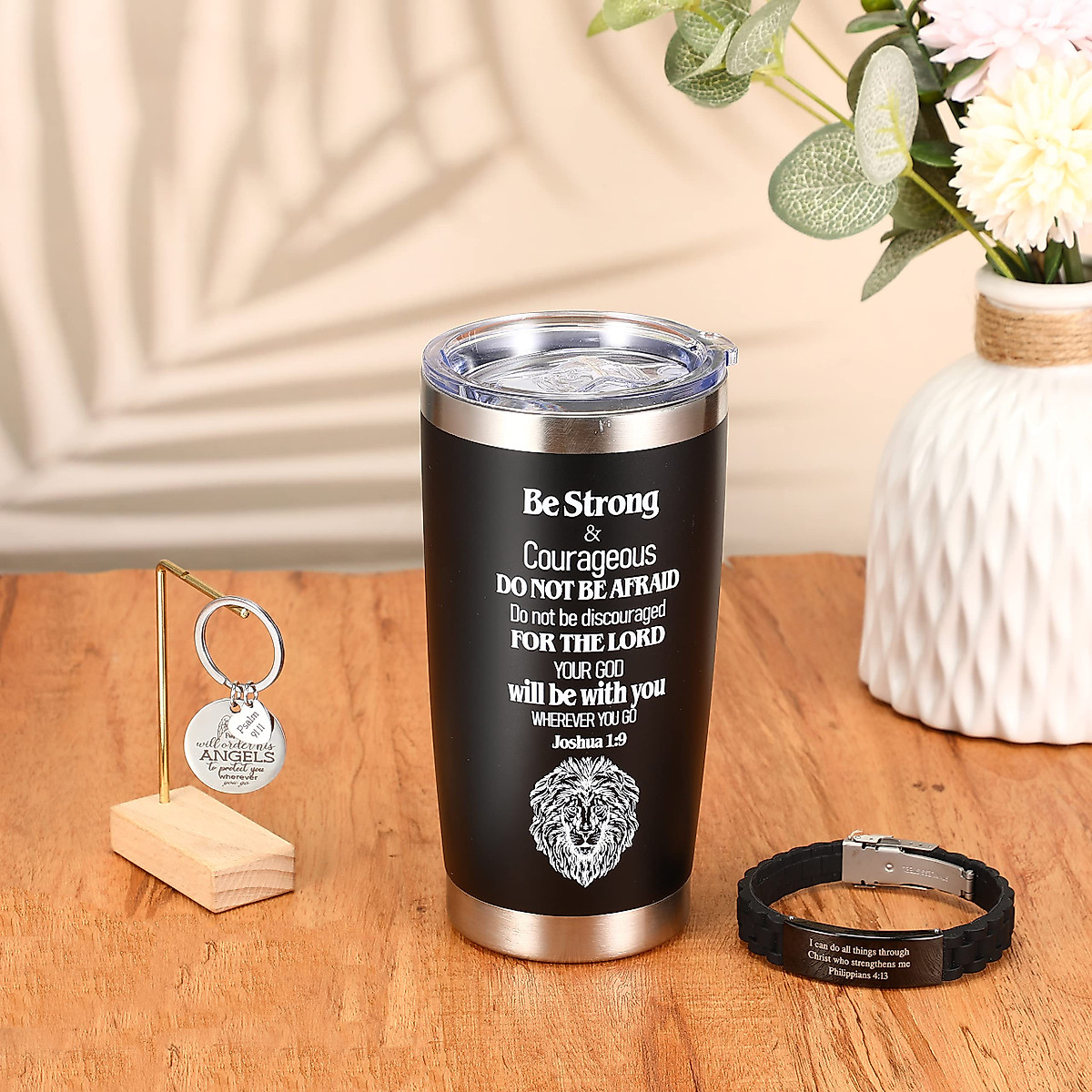 3 Pcs Christian Gifts for Men, Encouraging Gifts for Men Including Christian Keychain, 20 oz Travel Bible Verse Tumbler Mug with Slider Lid, Christian Bracelets, Inspiration Religious Gift for Men Boy