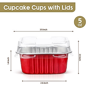 Mimorou 100 Pcs Valentine's Day Red Aluminum Foil Baking Cups with Lids 5oz Baking Liner Cups Disposable Ramekin Muffin Cups Desserts Cupcake Container for Party Holiday Celebration