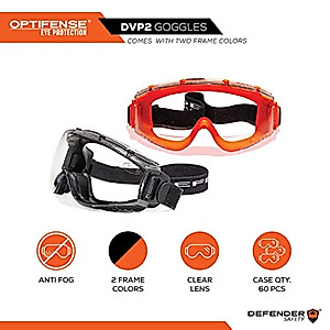 Defender Safety DVP2 Clear Safety Goggles, Eye Protection, Anti Fog, Impact & Chemical Resistant, ANSI Z87+ (Black)