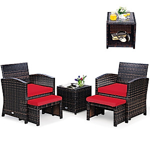 Tangkula 5 Pieces Patio Rattan Furniture Set, Outdoor Conversation Set with Cushioned Chair & Ottoman & Tempered Glass Coffee Table, All Weather Patio Sofa Sets for Garden, Backyard, Poolside (Red)