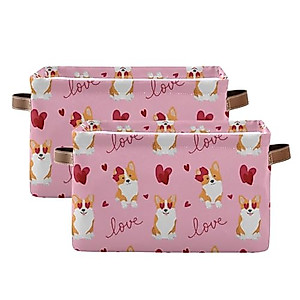 Emelivor Valentine's Day Corgis Hearts Storage Basket Bins Foldable Decorative Storage Box Laundry Hamper Baskte Storage for Pet Books Clothes Makeup Nursery Closet Office,2 pcs