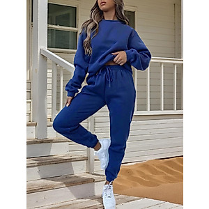 KANSOON Women Sweatsuits Sets Two Piece Outfits Long Sleeve Round Neck Top Sweatpants Tracksuits Sets Loungewear Blue M