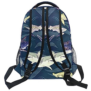 Oarencol Sharks Dark Blue Whale Hammerhead Watercolor Wave Animal Cartoon Fish Backpacks Bookbags Daypack Travel School College Bag for Womens Girls Mens Boys Teens