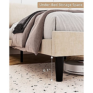 Homhougo Queen Bed Frame, Upholstered Platform Bed with Wingback Headboard, Velvet Upholstered Bed Frame with 2 Storage Pockets, Strong Wooden Slat Support, Easy Assembly, Box Spring Optional, Beige