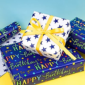 WRAPAHOLIC Reversible Birthday Wrapping Paper - Mini Roll - 17 Inch X 33 Feet - Colorful Happy Birthday Lettering and Stars Design for Party, Baby Shower, Holiday