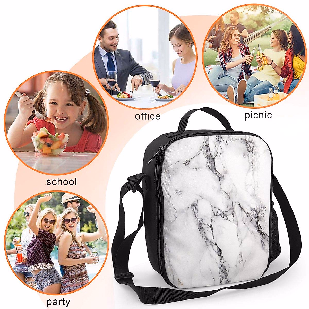 MSGUIDE Simple White Marble Stone Men & Women Insulated Lunch Bag,Reusable Tote Lunch Box with Water Bottle Holder and Adjustable Shoulder Strap for School Office Picnic