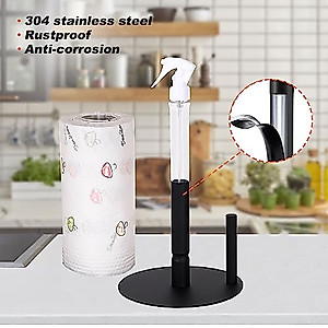 Paper Towel Holder with Spray Bottle, Stainless Steel Countertop Paper Towel Holder Stand with Sprayer Inside Center One-Handed Operation Kitchen Papertowels Roller with Non Slip Weighted Base