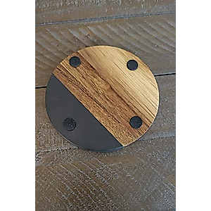 Black Slate & Acacia Wood Coasters with Brass Inlay, Set of 4