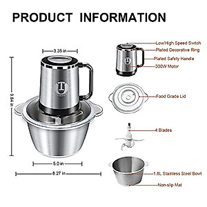 Meat Grinder Food Processor Chopper Electric Small with Safety Handle, TOMBOT 8-Cup Mini Blender for Meat Vegetables Fruits Nuts Puree with 4 Sharp Blades, 1.8L Stainless Steel Bowl,2 Speeds,300W,120V