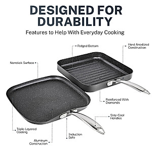 Granitestone 2 Pack Nonstick 10.5” Grill Pan + Flat Griddle Pan for Stove Top with 3x Coated Surface Perfect for Eggs Pancakes Steaks and More, Stove Top Griddle for Gas Grill, Oven Safe, PFOA Free