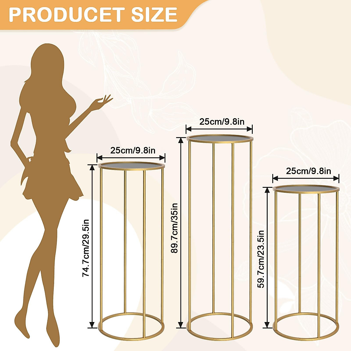 chamvis Gold Metal Plant Stand, 3 Pcs Tall Cylinder Pedestal Stands for Parties and Weddings, Gold Round Cylinder Tables for Living Room and Patio Decor