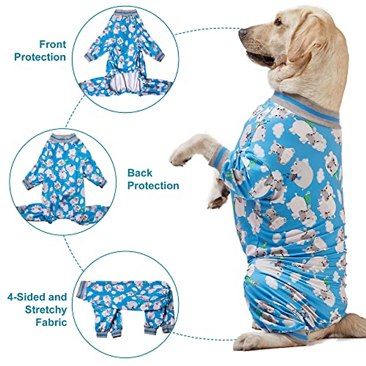 LovinPet Large Dog Clothes/Big Dog Onesie, Slim Fit, Lightweight Pullover/Full Coverage Dog Pjs/Happy Hippo Blue Print/Large Breed Dog Pjs/Medium