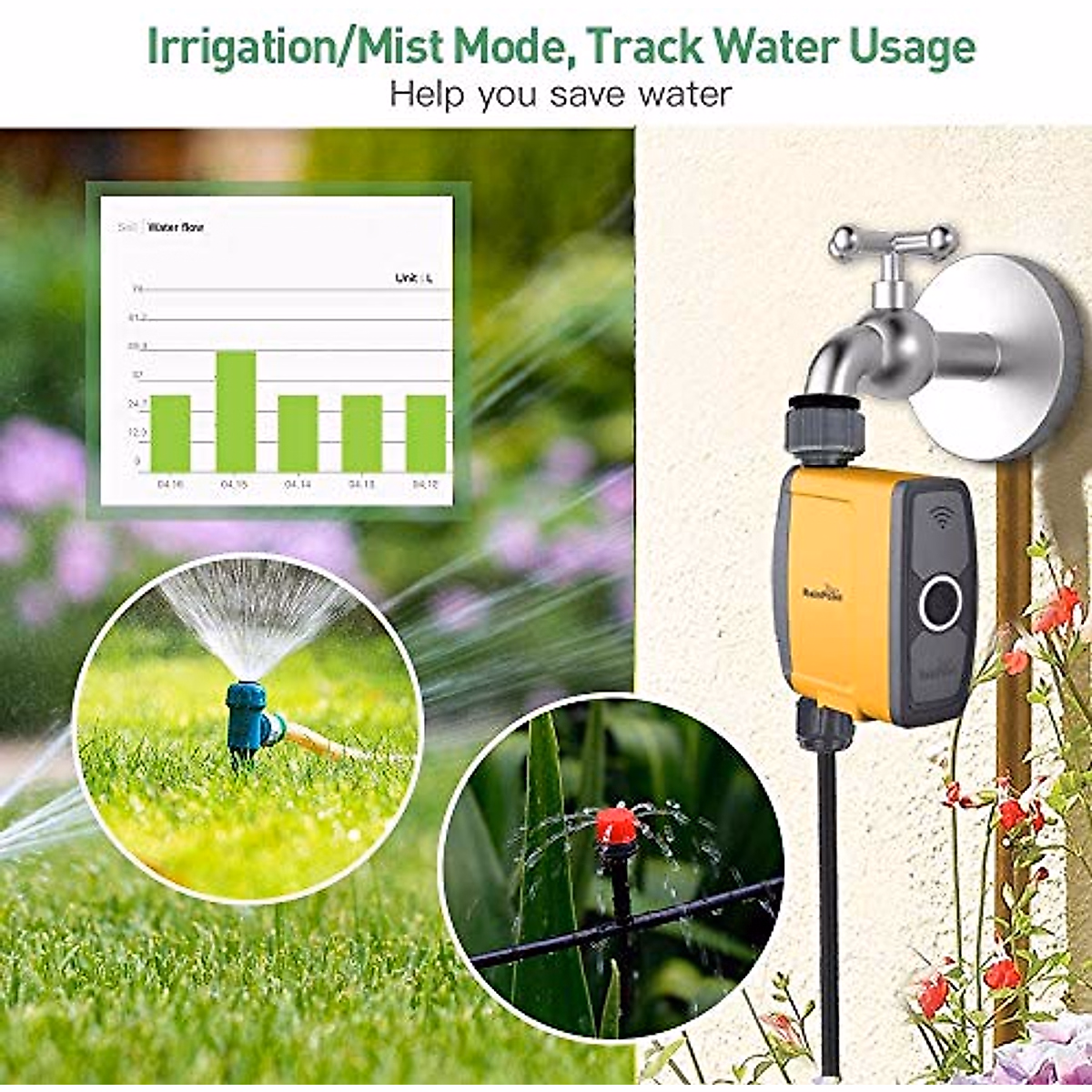 RAINPOINT Sprinkler Timer with Wi-Fi Hub, Smart Watering Timer Programmable Water Timer Hose Faucet Timer, Wireless Remote Control Irrigation System with Water Flow Meter, for Outdoor Yard, Garden