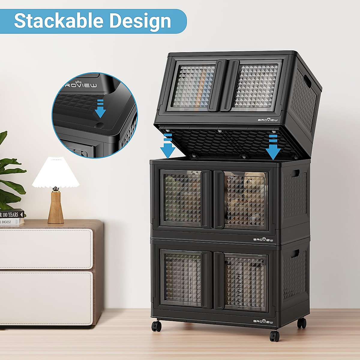 BROVIEW 320Qt Stackable Storage Bins with Lids, 80Gal Plastic Collapsible Storage Bins with Doors and Wheels, Closet Organizers and Storage, Black Folding Storage Cabinet for Home Garage, 4 Pack Cube