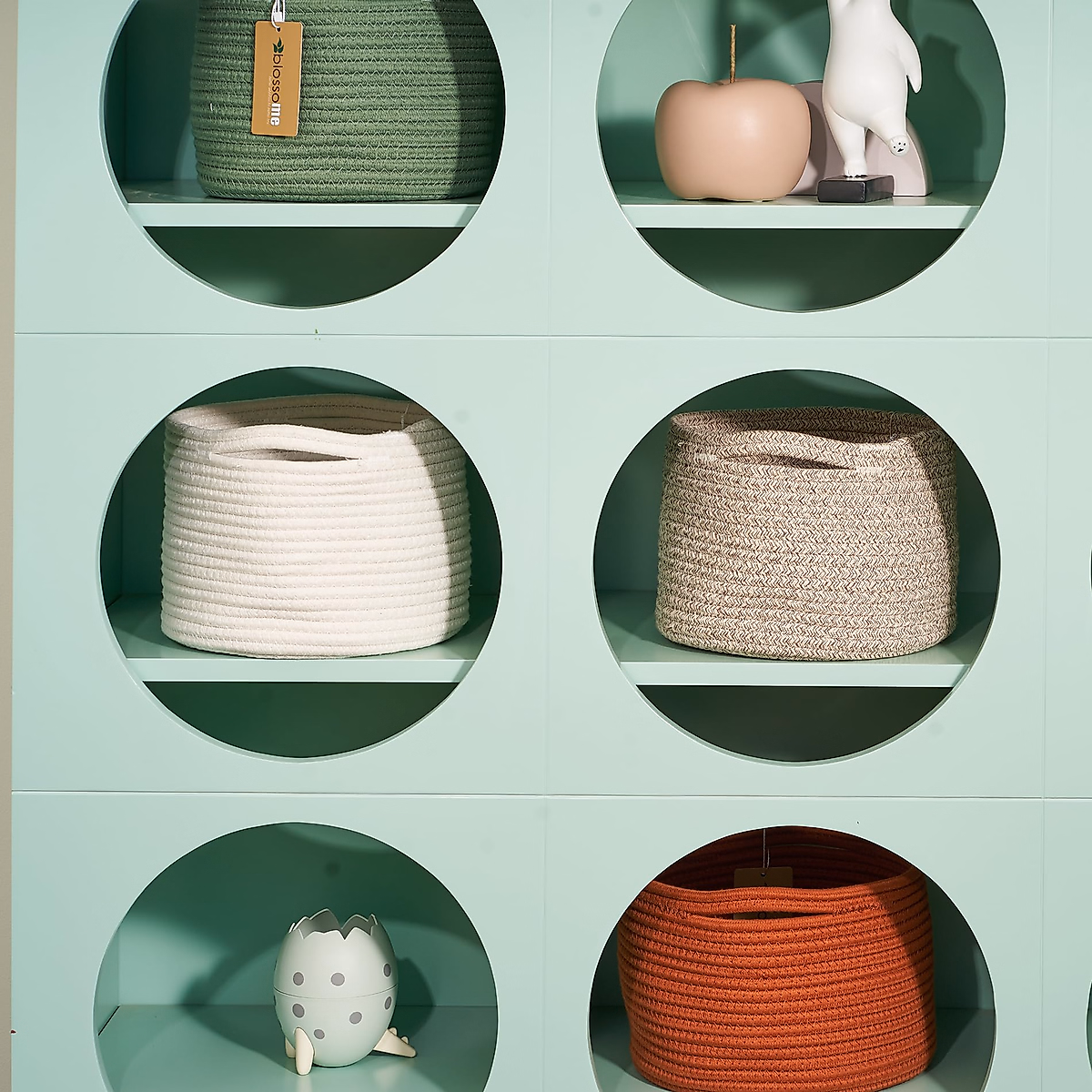 Storage Basket for Organizing | Cube Closet Rope Baskets | Cute Small Woven Toy Baskets for Nursery & Shelves | Empty Decorative Gift | Round 3Packs Green | 10”x10”x7.1”