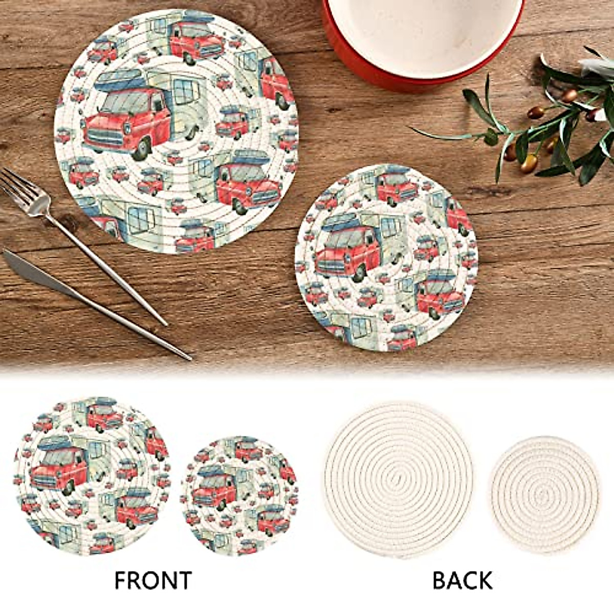 Camper Motorhouse Summer Trivet Pot Holders Red Classic Camper Van Hot Pads Trivets Mats Heat Resistant Cotton Potholders Round Table Counter Mat for Kitchen Coaster Hot Pan Dish 2pcs