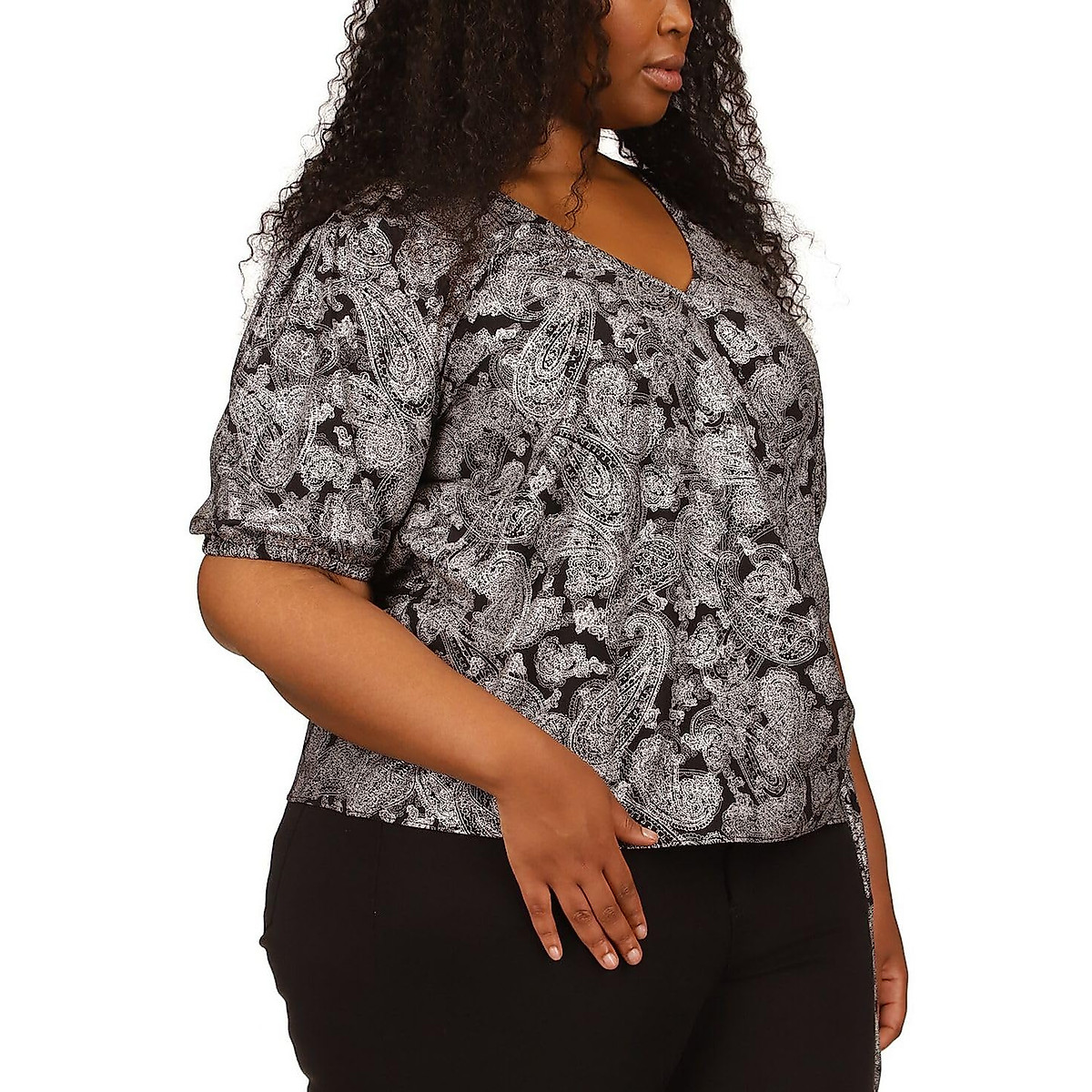 Michael Michael Kors Women’s Plus Size Metallic Paisley-Print Wrap Top Black/Silver 2X