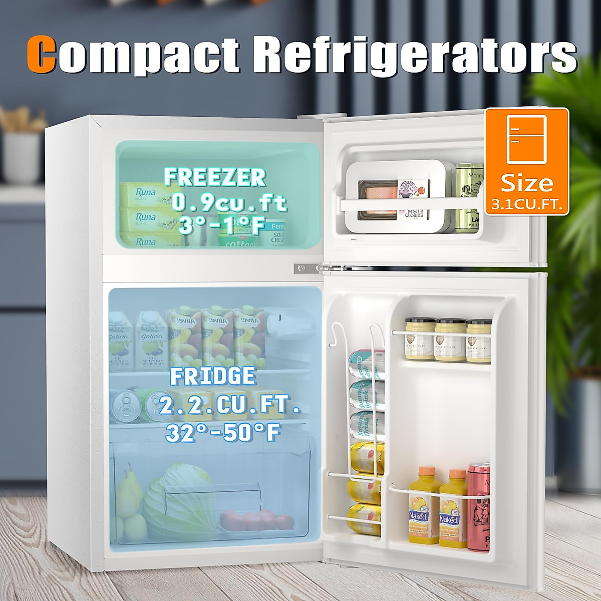 Antarctic Star Mini Fridge 3.1Cu.Ft Compact Refrigerator 2-Doors Freezer Low Noise Defrost Storage of Beverages Vegetables Fruits Kitchen Living Room Office Dormitory White