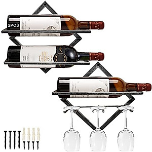 AUHOKY 2 Style Metal Wall Mounted Wine Holder, Vintage Silver Hanging Wall Wine Rack Storage for Stem Glass Holders, Red Wine Bottle Display Hanger with Screws for Home Kitchen Bar Wall Décor